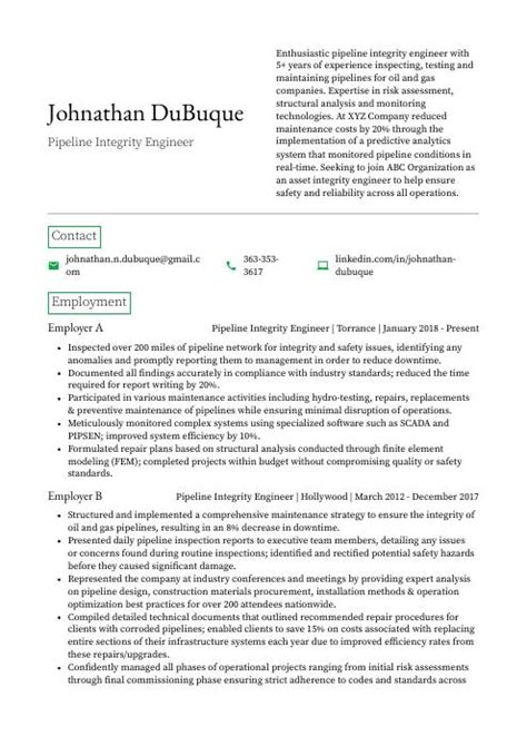 Pipeline Integrity Engineer Resume Cv Example And Writing Guide