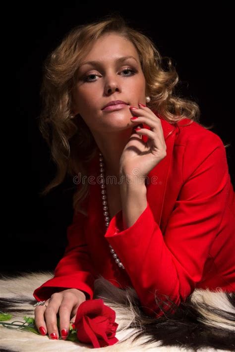 Portrait Of Sensual Lady In Red With Rose Stock Image Image Of