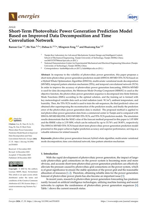 Pdf Short Term Photovoltaic Power Generation Prediction Model Based On Improved Data