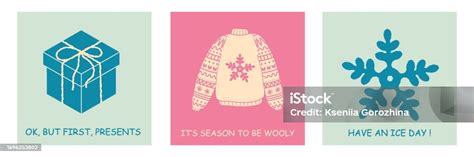 복고풍 스타일의 겨울 시즌 인사말 카드입니다 메리 크리스마스와 새해 연휴 개념입니다 선물 상자 스웨터 질감이 있는 눈송이 손으로 트렌디한 벡터 그림을 그렸습니다 12월에