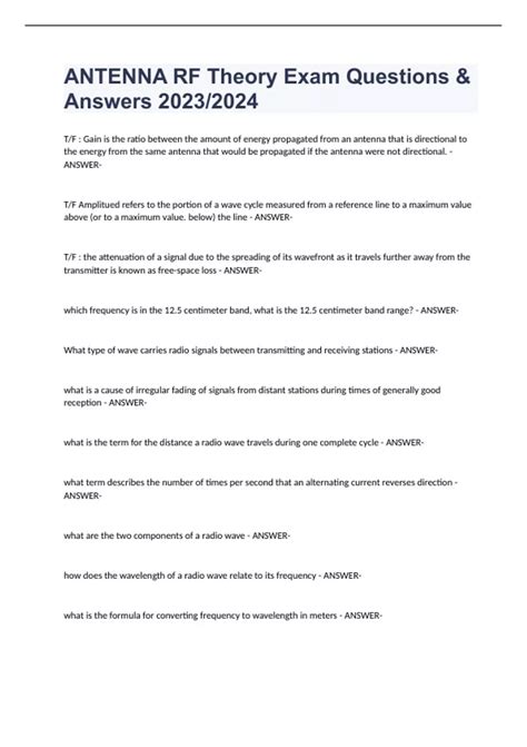 Antenna Rf Theory Exam Questions And Answers 20232024 Antenna Rf