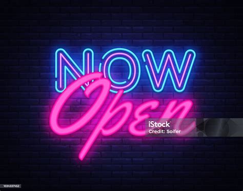 지금 네온 텍스트 벡터 디자인 서식 파일을 엽니다 이제 열 네온 로고 라이트 배너 디자인 요소 화려한 현대적인 디자인 트렌드 밤 밝은 광고 밝은 표시 벡터 일러스트 레이 션