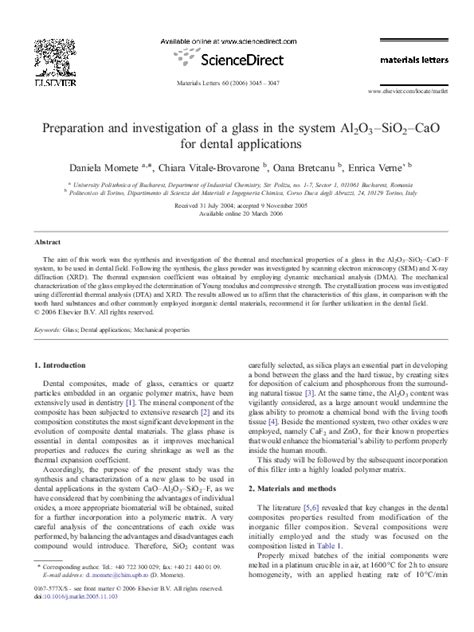 Pdf Preparation And Investigation Of A Glass In The System Al2o3 Sio2 Cao For Dental Applications