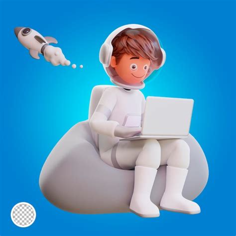 3d 렌더링 귀여운 우주 비행사 앉아서 노트북을 들고 프리미엄 Psd 파일
