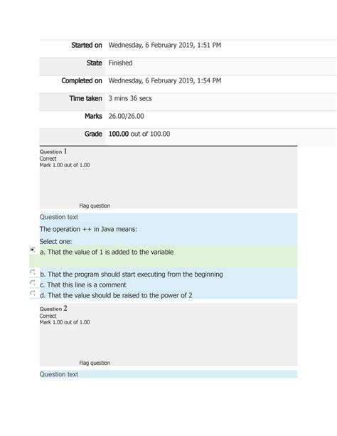 java quiz week 1 cs1102 started on wednesday 6 february 2019 1 51