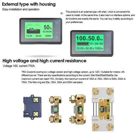 Tf03k 8 120v 쿨롱 카운터 미터 Rv 배터리 용량 표시기 납산 배터리 감지기 사양 100a0 150a