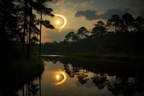Premium Photo Crescent Moon Setting Over A Tranquil Pond Or Marsh