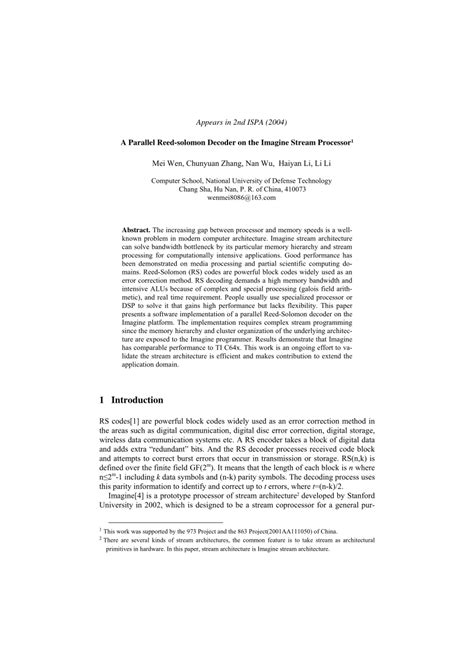 pdf a parallel reed solomon decoder on the imagine stream processor