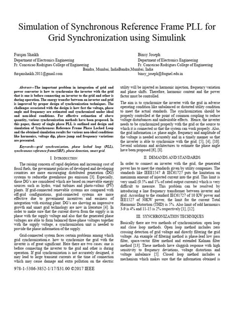 simulation of synchronous reference frame pll for grid synchronization