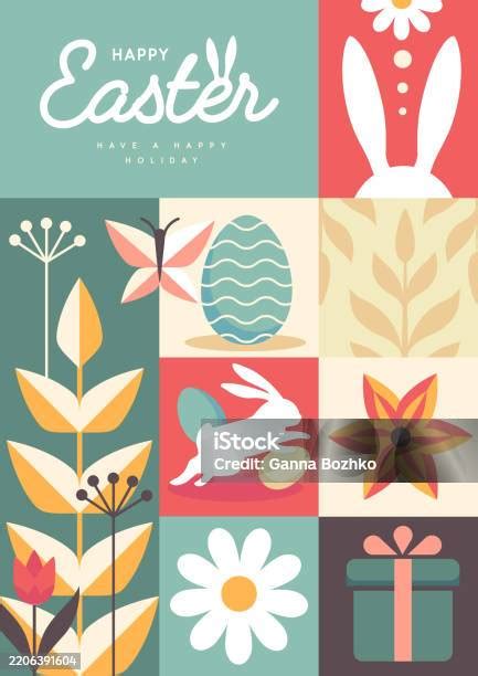 토끼 부활절 달걀 버드나무 가지 꽃이 있는 휴일 평면 부활절 포스터 벡터 일러스트 레이 션 3월에 대한 스톡 벡터 아트 및 기타 이미지 Istock