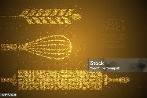 추상적인 기하학적 Bokeh 원 도트 픽셀 패턴 털 밀 롤링 핀 모양 베이커리 개념 디자인의 골드 컬러 일러스트 레이 션의 갈색 그라데이션 배경 복사 공간 벡터 Eps 10