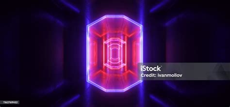 공상 과학 소설 미래 네온 보라색 파란색 빛 빛나는 레이저 터널 룸 지하 우주선 어두운 빈 그런지 콘크리트 반사 가상 현실 그래픽 배경 3d 렌더링 0명에 대한 스톡 사진