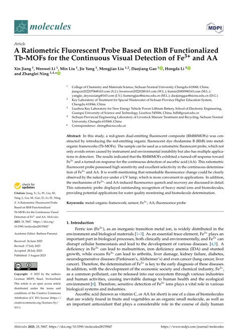Pdf A Ratiometric Fluorescent Probe Based On Rhb Functionalized Tb Mofs For The Continuous