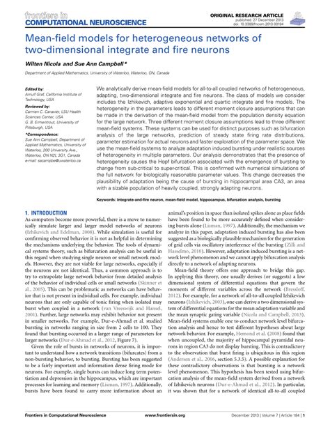Pdf Mean Field Models For Heterogeneous Networks Of Two Dimensional Integrate And Fire Neurons