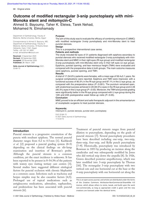 Pdf Outcome Of Modified Rectangular 3 Snip Punctoplasty With Mini Monoka Stent And Mitomycin C