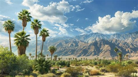 Palm Trees And Desert Mountain Panorama In Palm Springs Coachella