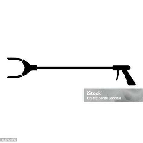 긴 도달 그래버 쓰레기 피커 그리퍼 쓰레기 장치 픽업 도구 발톱 장비 팔 손 아이콘 검은 색 벡터 일러스트 레이 션 이미지 플랫 스타일 부젓가락에 대한 스톡 벡터 아트 및