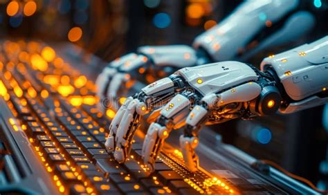 Futuristic Robotic Arms Engaged In Cyber Operations Typing Rapidly On An Illuminated Keyboard
