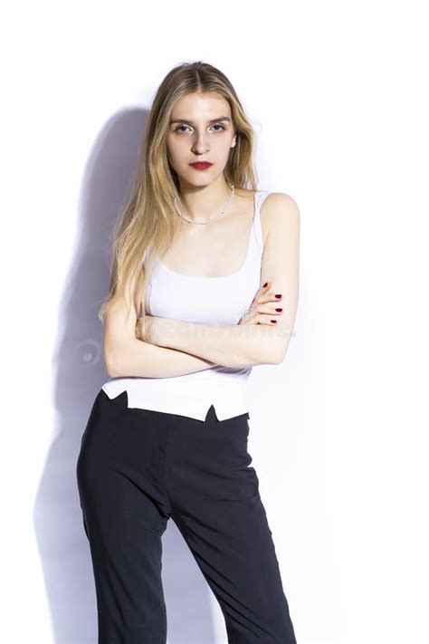 Natural Portrait Of Sensual Charming Female Blond Girl Posing In Closed