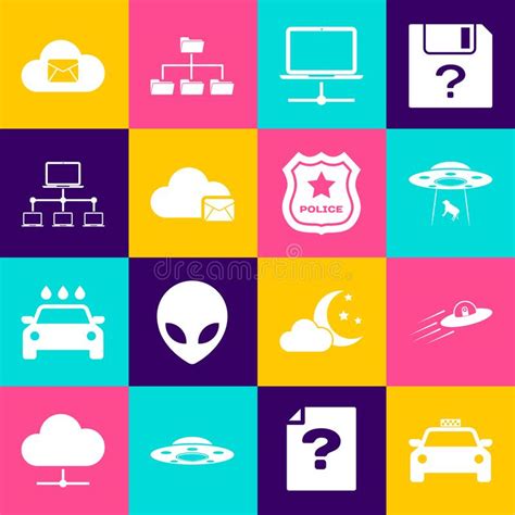 Set Taxi Car Ufo Flying Spaceship And Alien Abducts Cow Computer Network Cloud Mail Server