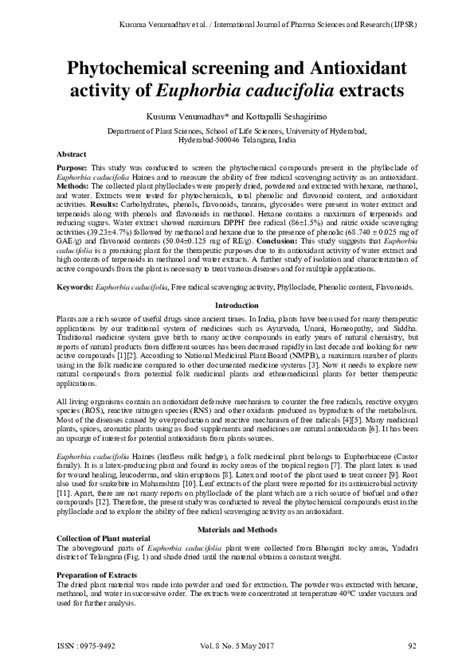 Pdf Phytochemical Screening And Antioxidant Activity Of Euphorbia