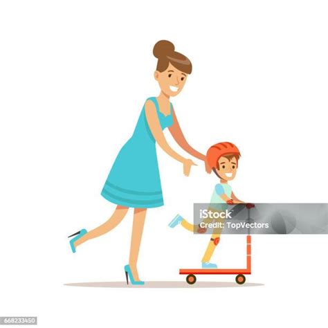 엄마 도움 아들 타고 A 스쿠터 사랑하는 어머니 즐기는 좋은 품질의 엄마 시간 와 행복한 아이 가족에 대한 스톡 벡터 아트 및