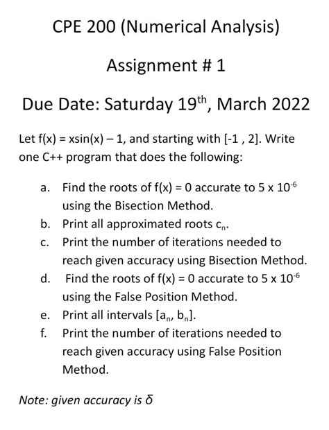 Solved Cpe 200 Numerical Analysis Assignment 1 Due Date