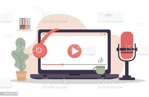 팟캐스트 컨셉 블로그 웹 캐스팅 및 방송을위한 장비 라디오 호스트 작업장 웹 회의에 대한 스톡 벡터 아트 및 기타 이미지 웹 회의 팟캐스팅 일러스트레이션 Istock