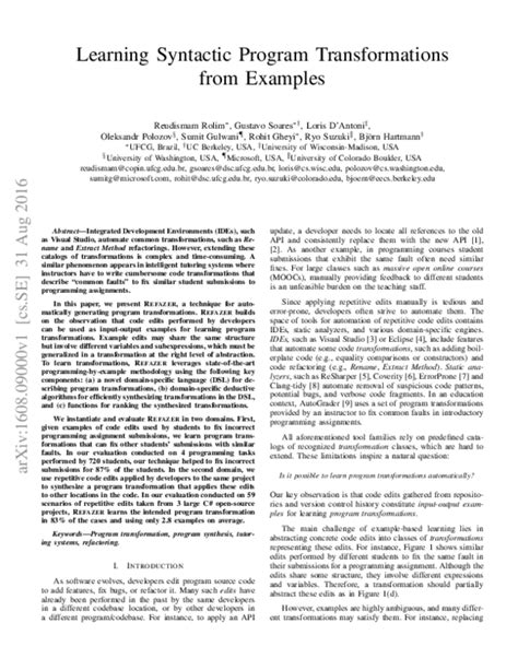 Pdf Learning Syntactic Program Transformations From Examples