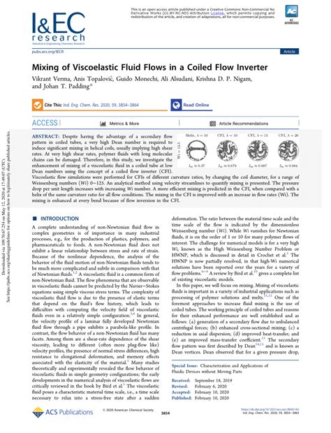 Pdf Mixing Of Viscoelastic Fluid Flows In A Coiled Flow Inverter