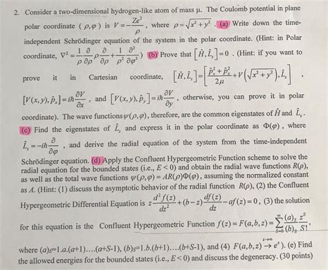 Solved р 2 Consider A Two Dimensional Hydrogen Like Atom