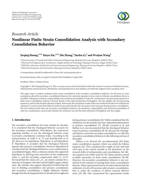 Pdf Nonlinear Finite Strain Consolidation Analysis With Secondary