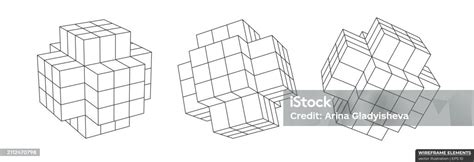 다른 면의 와이어프레임 큐브 세트입니다 로우폴리 3d 다각형 도형 모음입니다 크로스 그리드 기하학 벡터 일러스트 레이 션 0명에