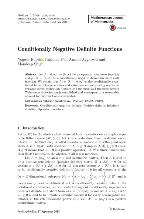 Pdf Conditionally Negative Definite Functions