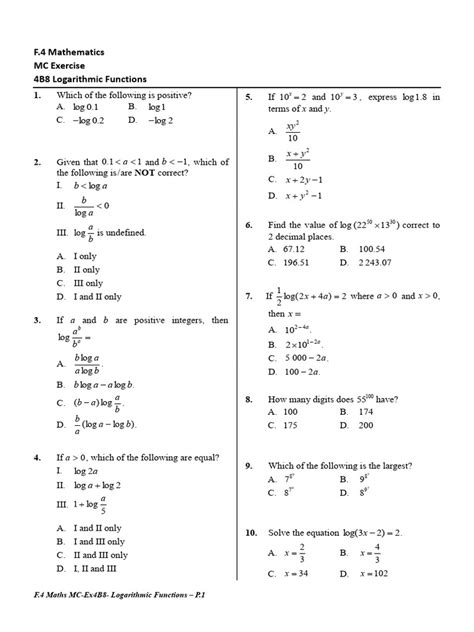 Mc4b8 Logarithmic Functions Pdf Logarithm Mathematics