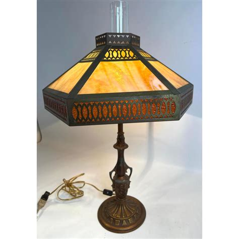 Sold At Auction Antique Slag Glass Lamp With Flat Panels Copper Color