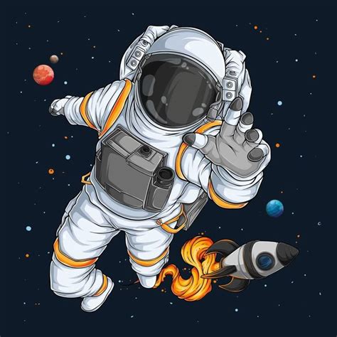 Hand Drawn Astronaut In Spacesuit Fling In The Space With Space Rocket Behind Cosmonaut In