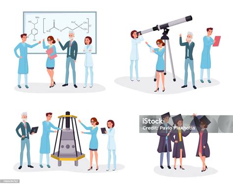 과학자와 졸업생 평면 그림 세트 대학생 화학자 천문학자 및 엔지니어팀 만화 캐릭터 전문 과학 및 학술 교육 개념 디자인 요소