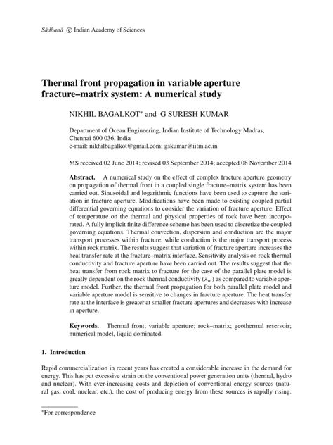 Pdf Thermal Front Propagation In Variable Aperture Fracture Matrix