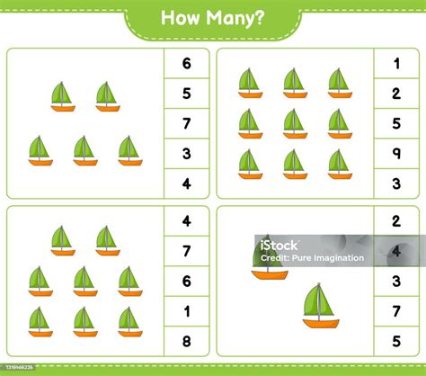 계산 게임 얼마나 많은 범선 교육 어린이 게임 인쇄 워크 시트 벡터 일러스트레이션 0명에 대한 스톡 벡터 아트 및 기타 이미지