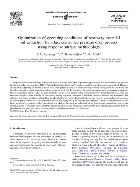 Pdf Optimization Of Operating Conditions Of Rosemary Essential Oil Extraction By A Fast