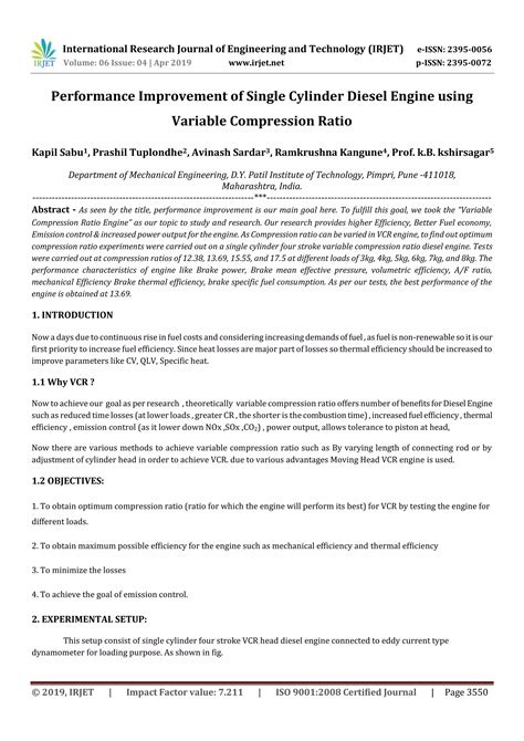 Irjet Performance Improvement Of Single Cylinder Diesel Engine Using Variable Compression Ratio