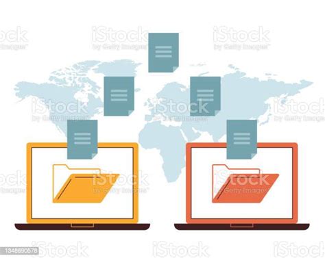 랩톱에서 랩톱으로 데이터 폴더 전송 절연 디자인 요소 벡터 평면 개념 일러스트레이션 파일에 대한 스톡 벡터 아트 및 기타 이미지 파일 데이터 이미지 전송 Istock
