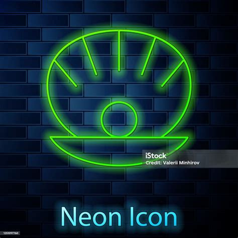 벽돌 벽 배경에 고립 된 진주 아이콘이있는 빛나는 네온 라인 자연 열린 쉘 가리비 껍질 조개 기호 벡터 가리비에 대한 스톡 벡터 아트 및 기타 이미지 Istock