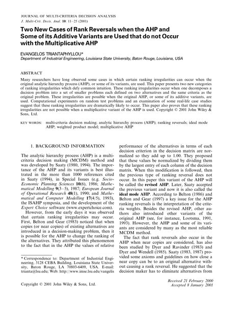 Pdf Two New Cases Of Rank Reversals When The Ahp And Some Of Its