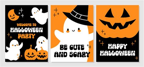 할로윈 세로 포스터 세트 귀여운 유령과 호박 손으로 그린 일러스트레이션 플랫 스타일 디자인과 파티 전단지 할로윈 파티에 대 한