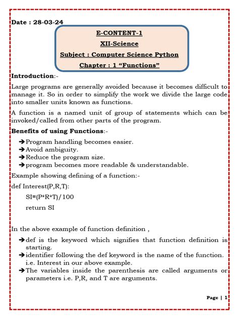 Econtent Of Functions Chapter Of Python Xii Pdf Parameter Computer