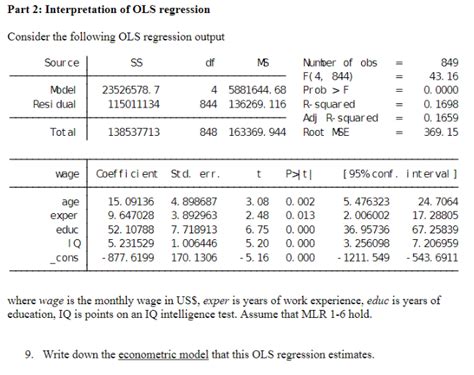 Solved Part 2 Interpretation Of Ols Regression Consider The