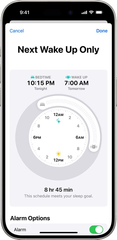 An iPhone that shows the Next Wake Up Only screen with a sleep schedule set for 10:15 PM until 7 ...