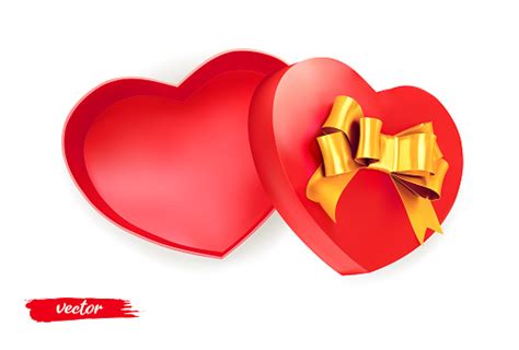 흰색 배경에 황금 활과 빨간 심장 모양 선물 기프트 박스를 엽니다 3d 사실적 벡터 로맨틱한 휴일은 하트 모양을 제공합니다 벡터 그림입니다 2월에 대한 스톡 벡터 아트 및